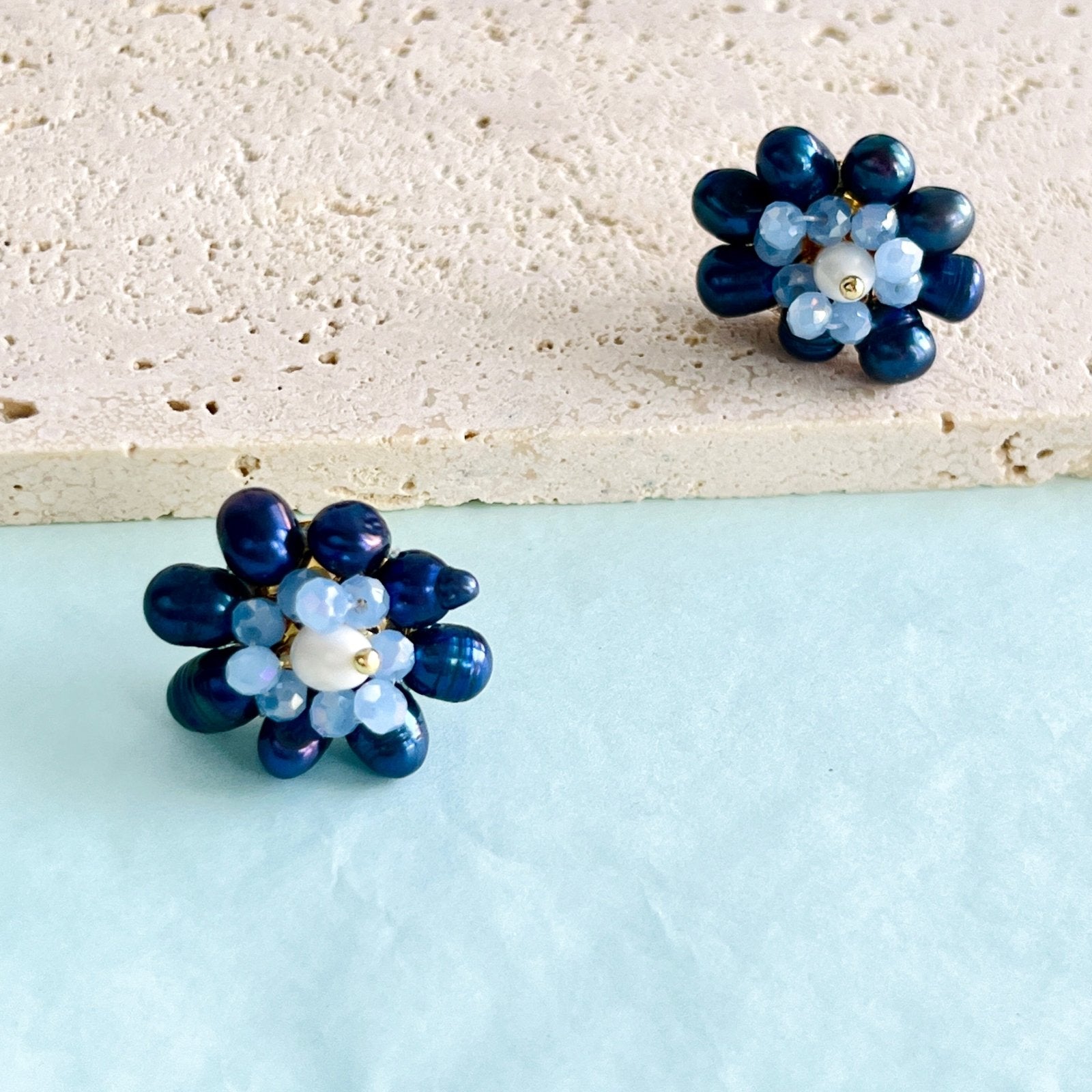 Blue Pearl Flower Stud Earrings – Natural Bunny Accessories